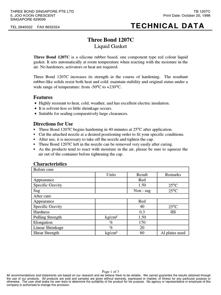 Technical Data: Three Bond 1207C | PDF | Mechanical Engineering ...