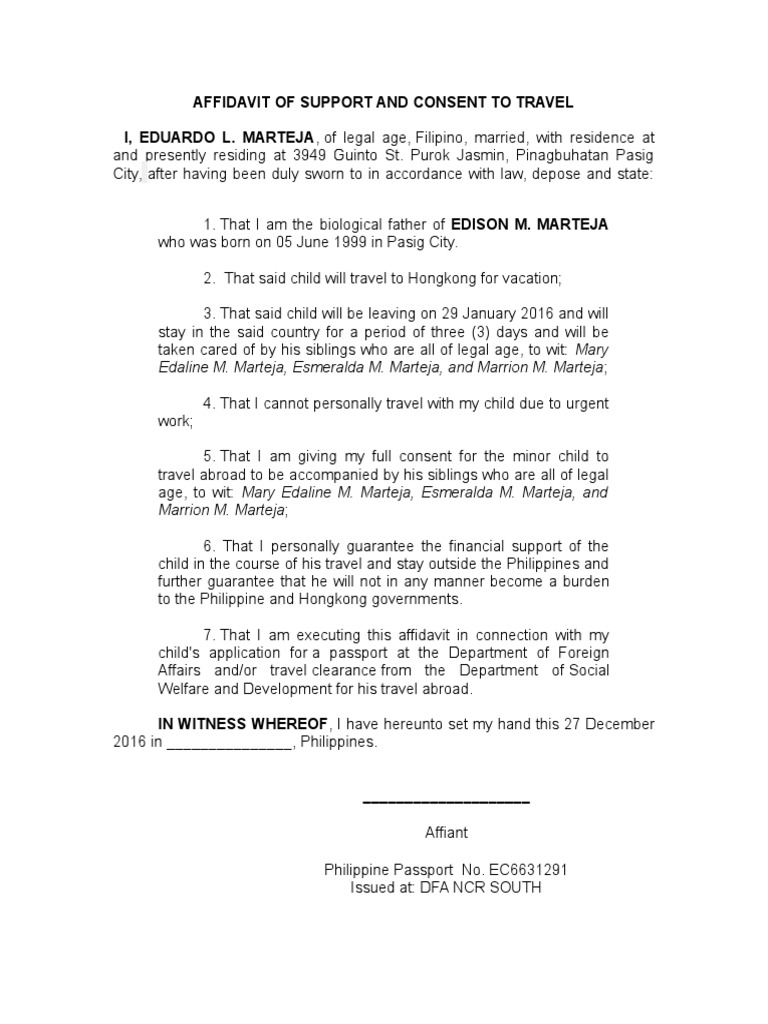 Affidavit of Support and Consent To Travel | PDF