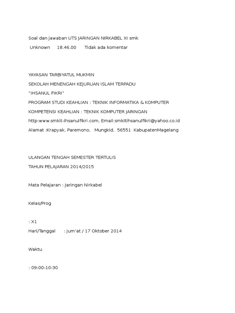 Soal Dan Jawaban Uts Jaringan Nirkabel Xi SMK | PDF