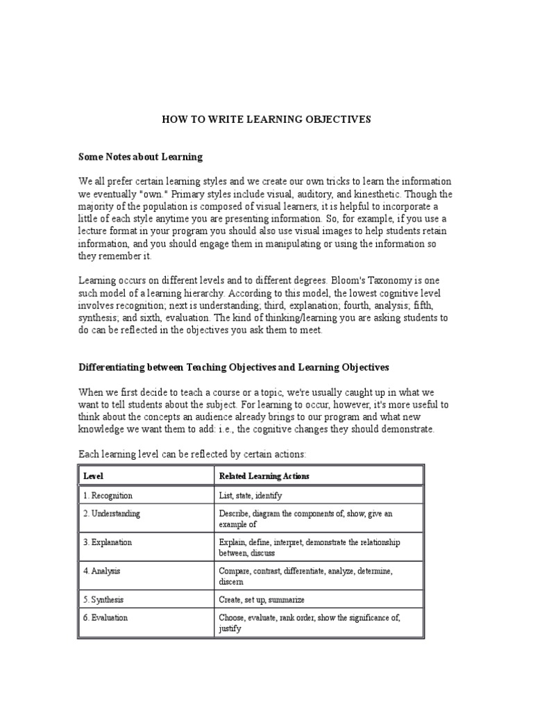 How To Write Learning Objectives: Level Related Learning Actions | PDF ...