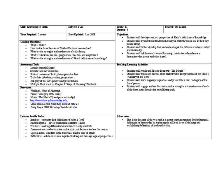 TOK Truth Unit Planner | PDF
