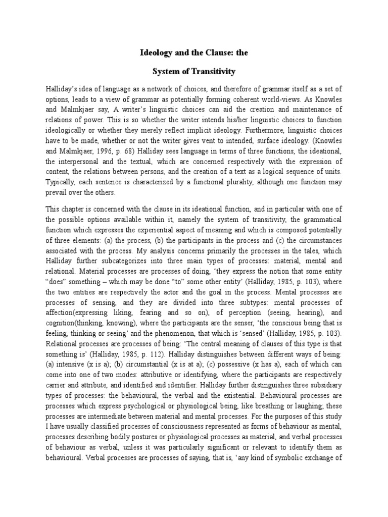 Transitivity by Halliday | Ideologies | Linguistics