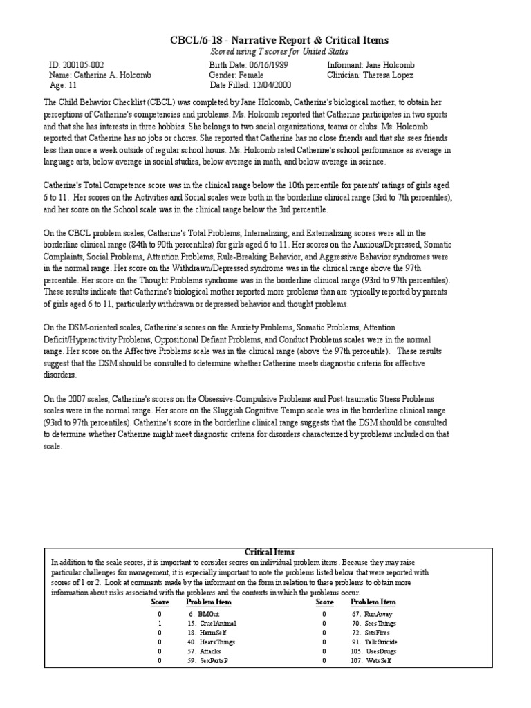 Sample CBCL Narrative | Download Free PDF | Mental And Behavioural ...