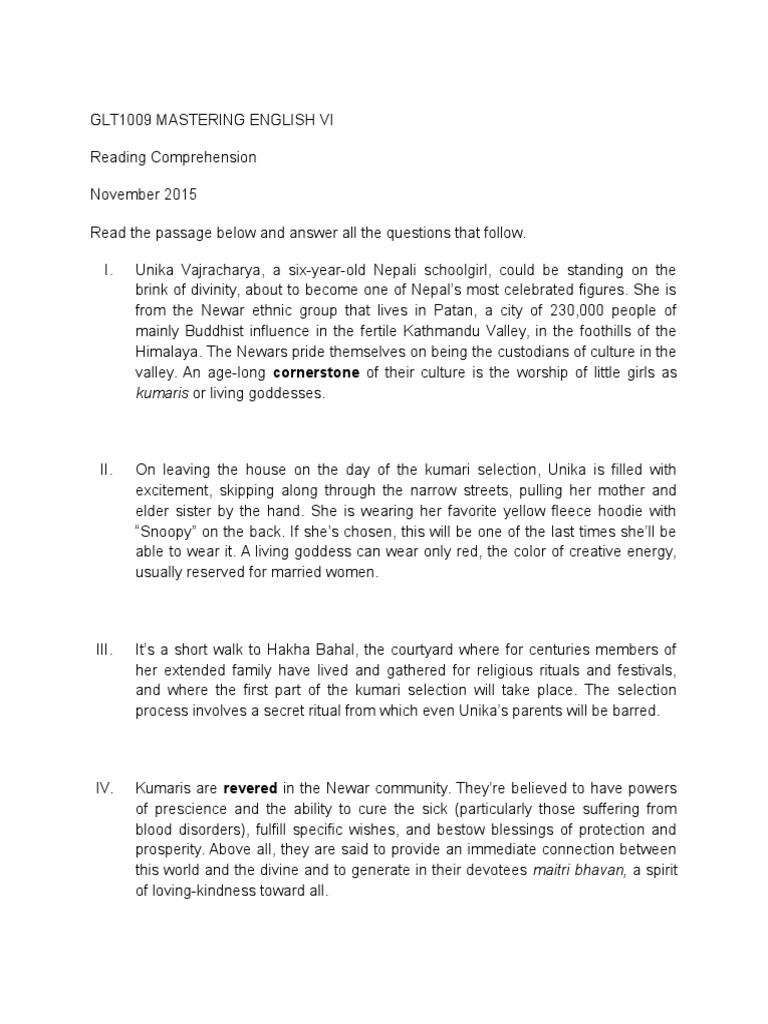 Living Goddesses of Nepal - Reading Comprehension | PDF | Nepal | Rituals