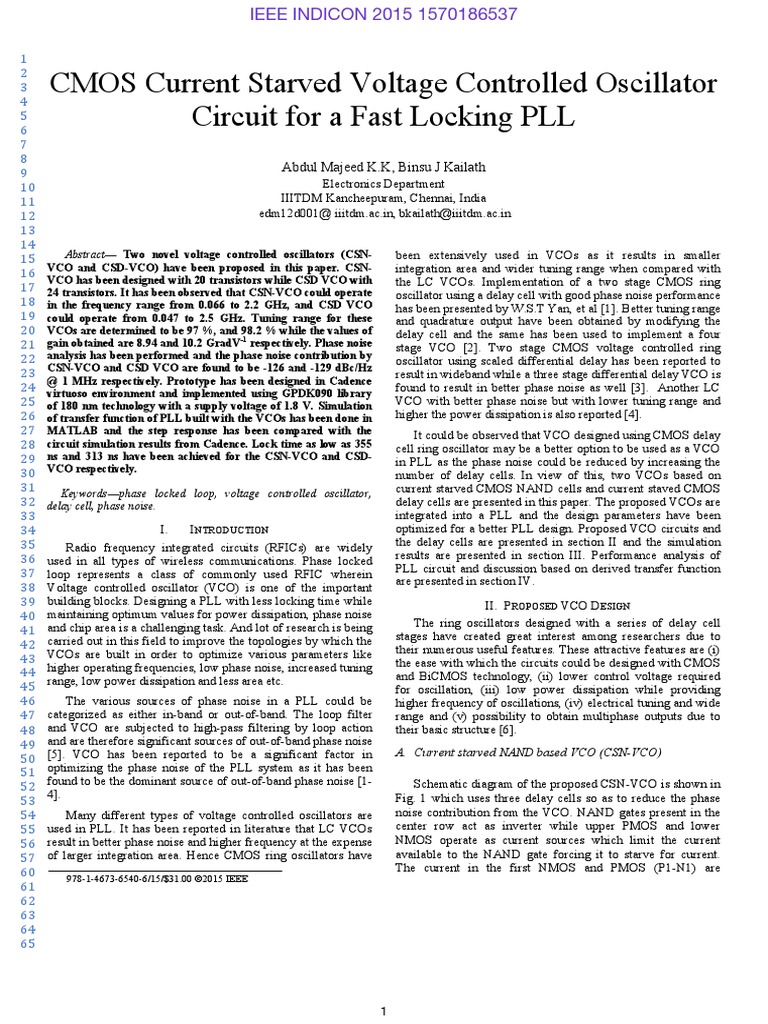 CMOS Current Starved Voltage Controlled Oscillator Circuit For A Fast ...