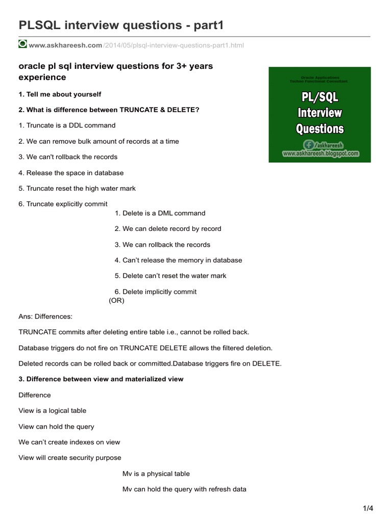 PLSQL Interview Questions - Part1: Oracle PL SQL Interview Questions For 3+ Years Experience | PDF