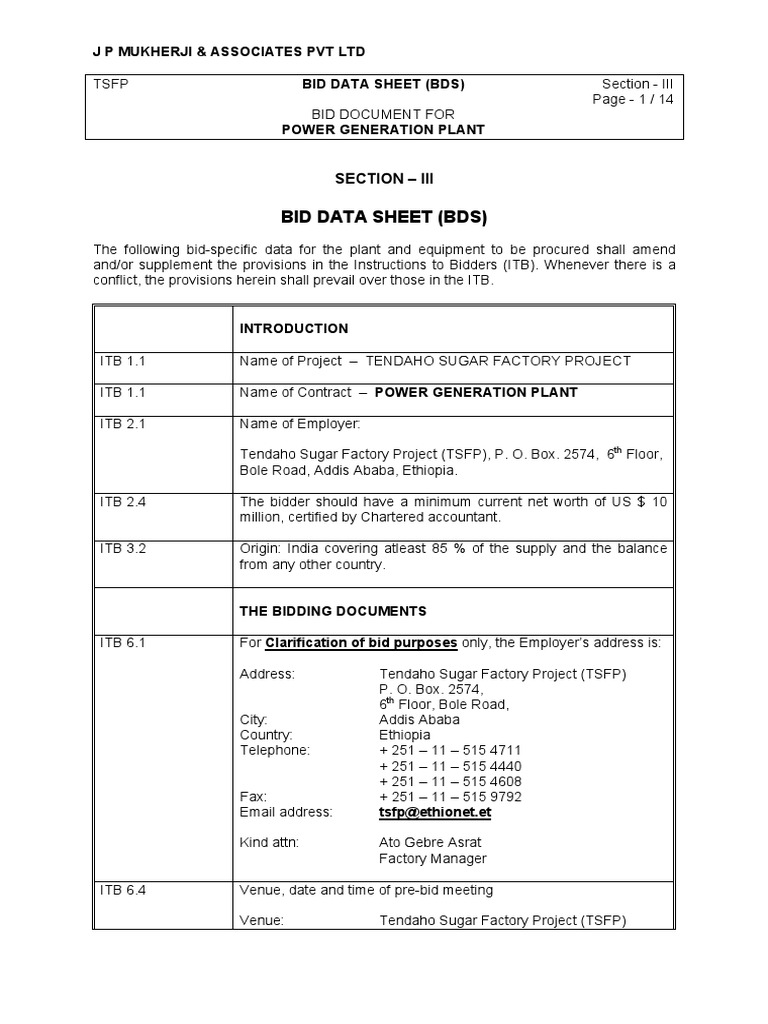 Bid Data Sheet (BDS) : Section - Iii | PDF