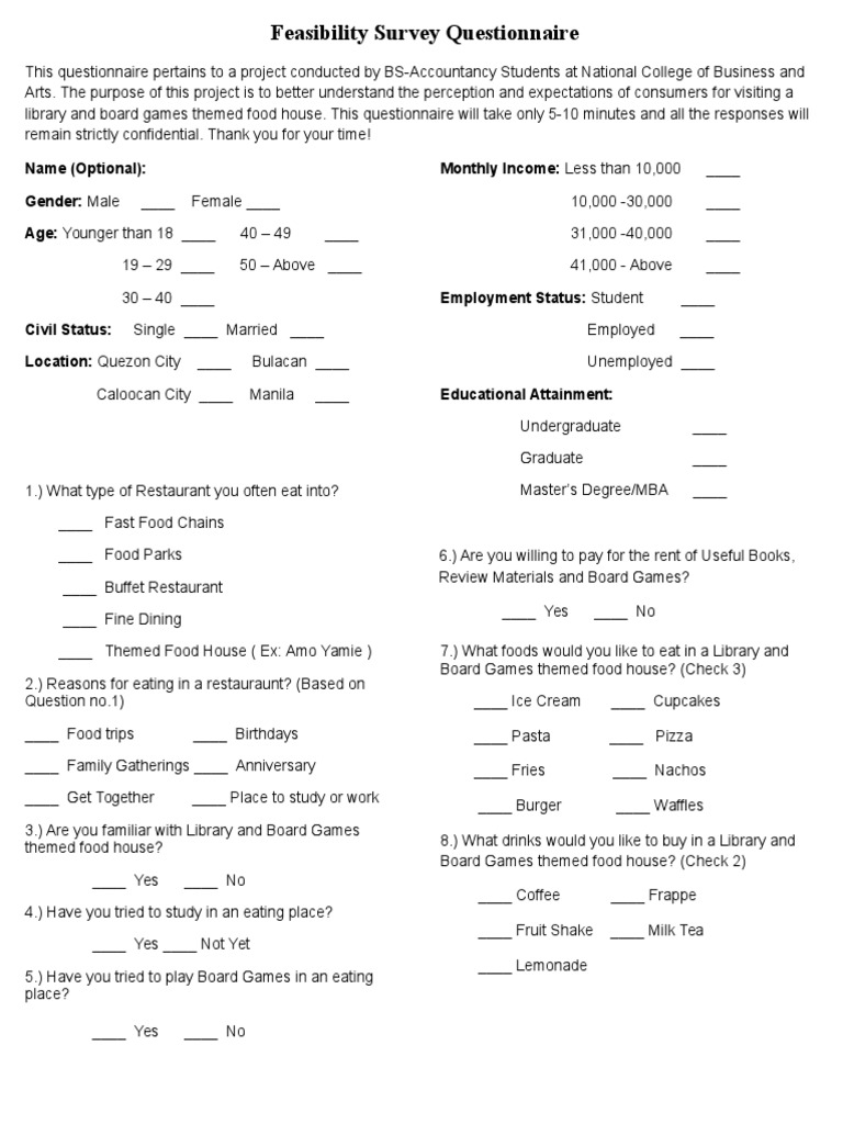 Feasibility Survey Questionnaire | PDF | Restaurants | Drink