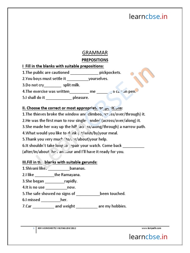 Grammar Practice Worksheets Cbse English Prepositions | Download Free ...