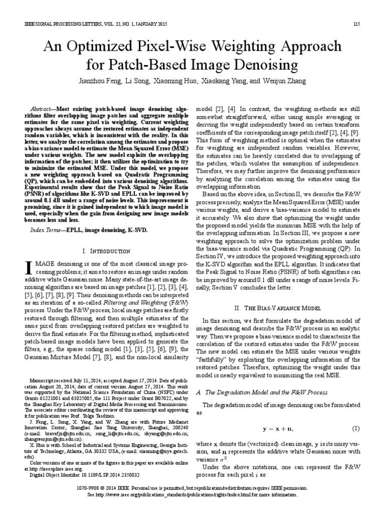An Optimized Pixel-Wise Weighting Approach For Patch-Based Image Denoising | PDF | Mathematical ...