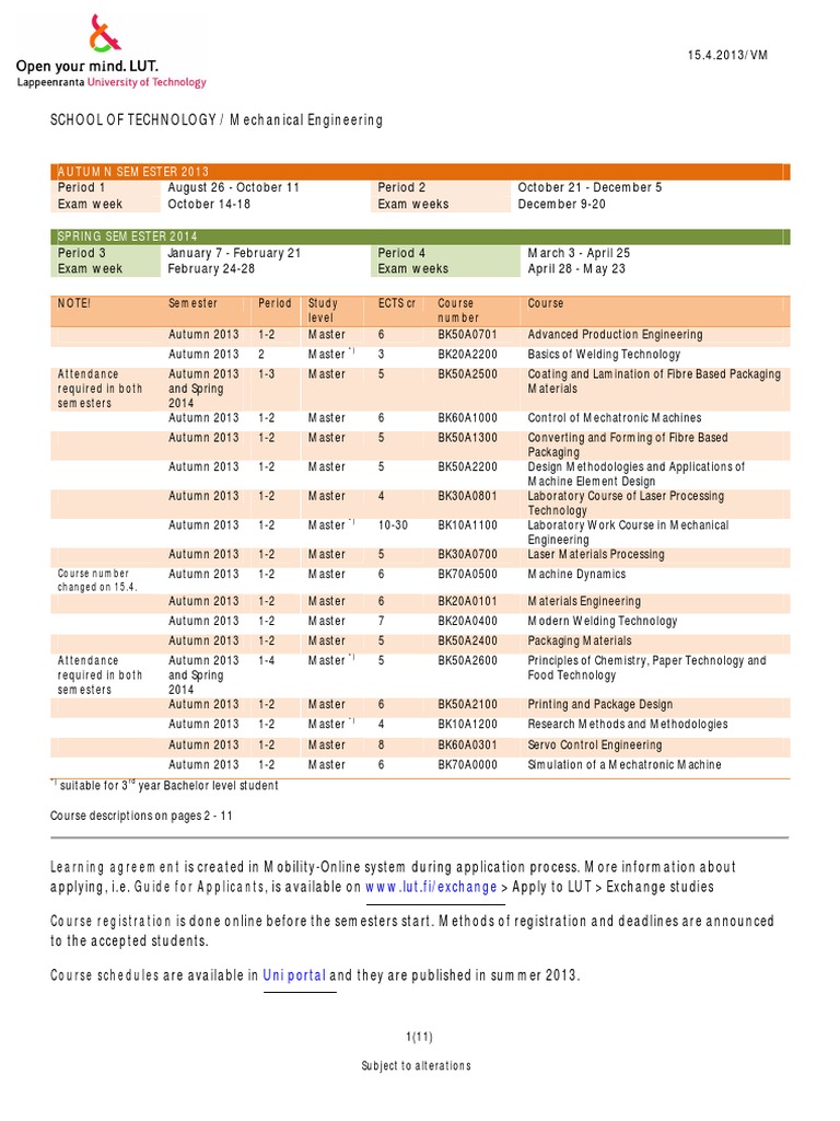 Mechanical Engineering, Course Descriptions Autumn 2013-2014 | PDF | Mechanical Engineering ...