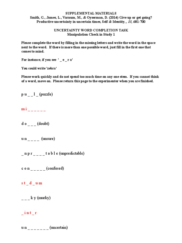 Uncertainty Word Completion Task | PDF | Bracket | Linguistics
