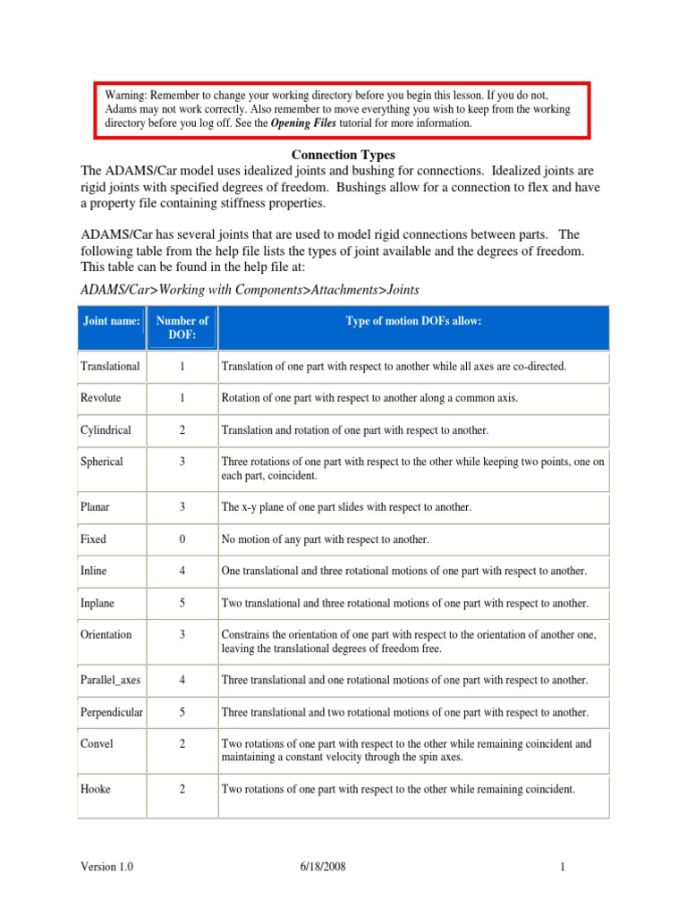 Connections Joints ADAMS | PDF | Mechanical Engineering | Mechanics