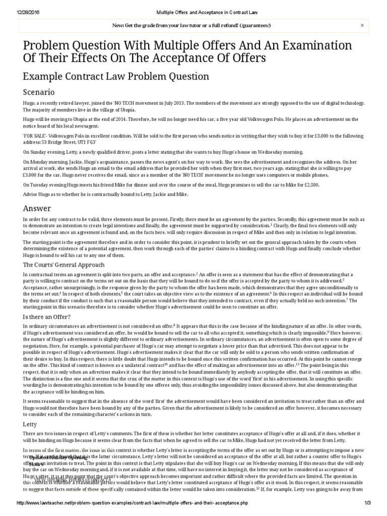 Multiple Offers and Acceptance in Contract Law | PDF | Offer And ...
