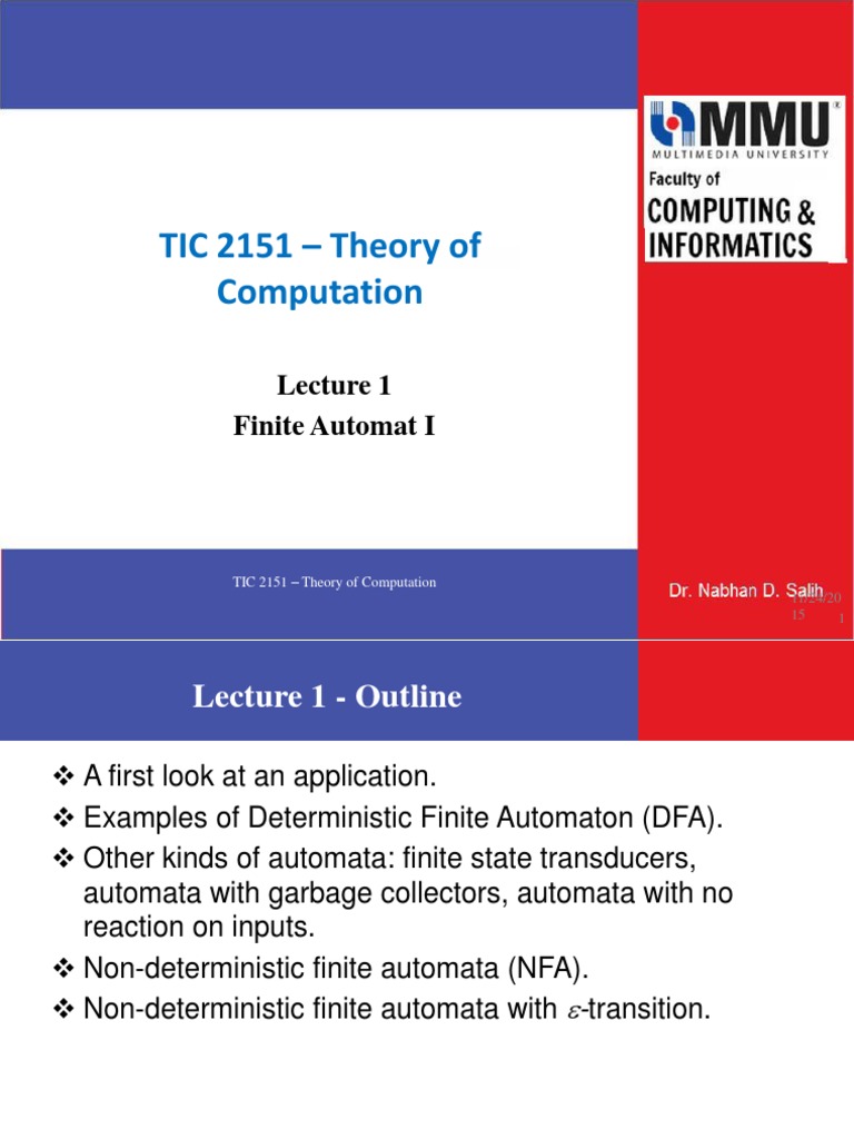 Lecture 01 - Finite Automat I PDF | PDF | Automata Theory | Theory Of Computation