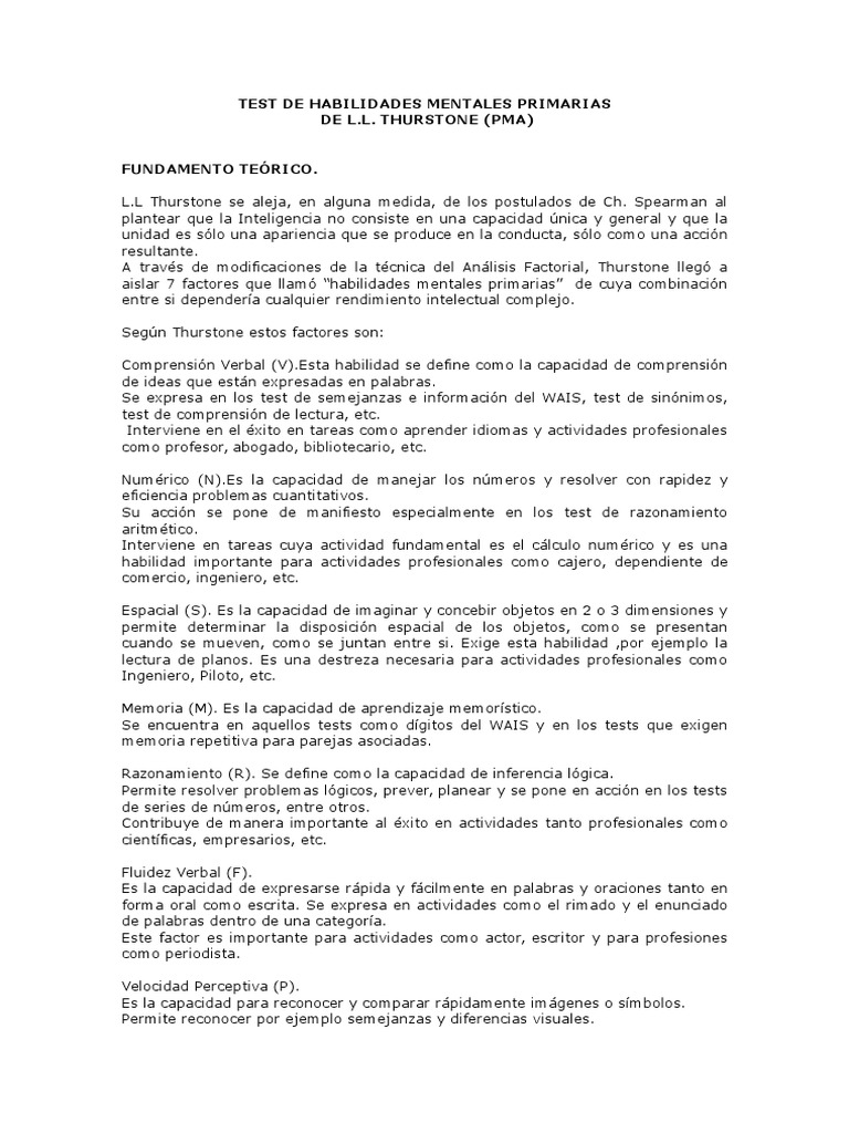 Test De Habilidades Mentales Primarias De L.L. Thurstone (Pma)