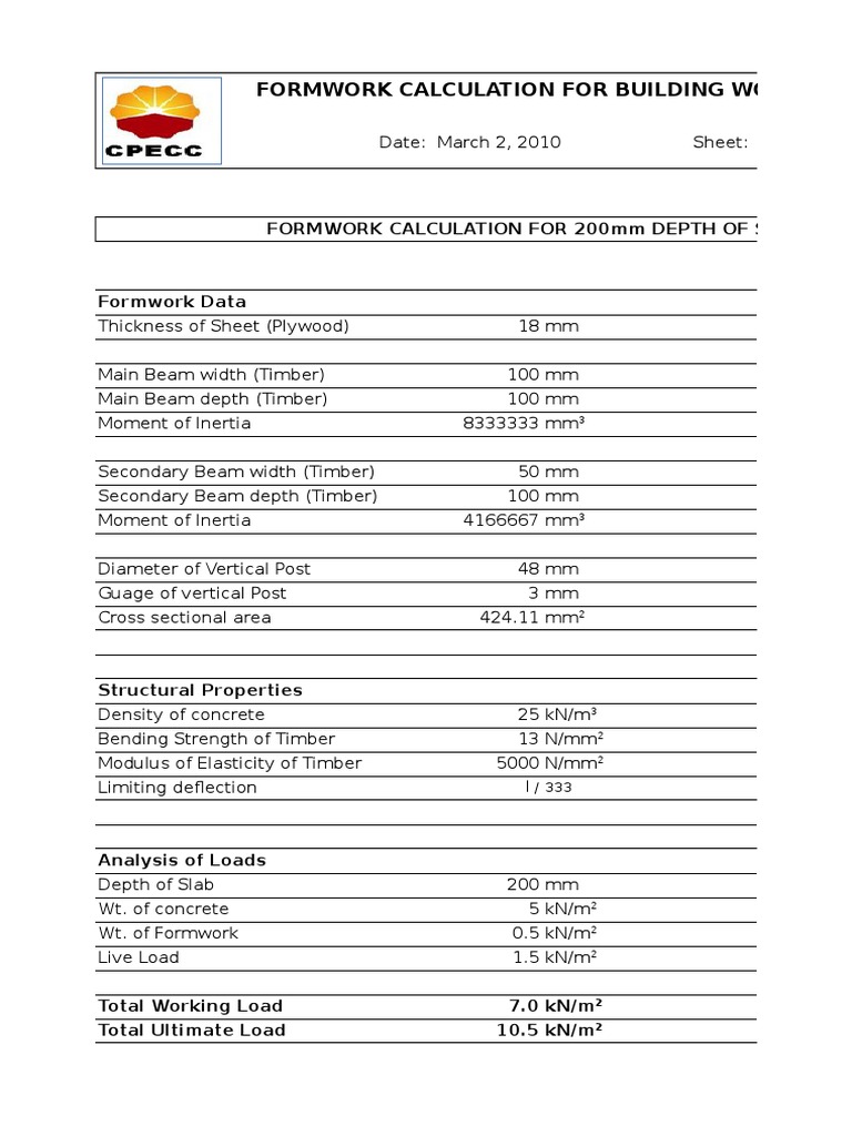 Formwork Calculation For Building Works | PDF