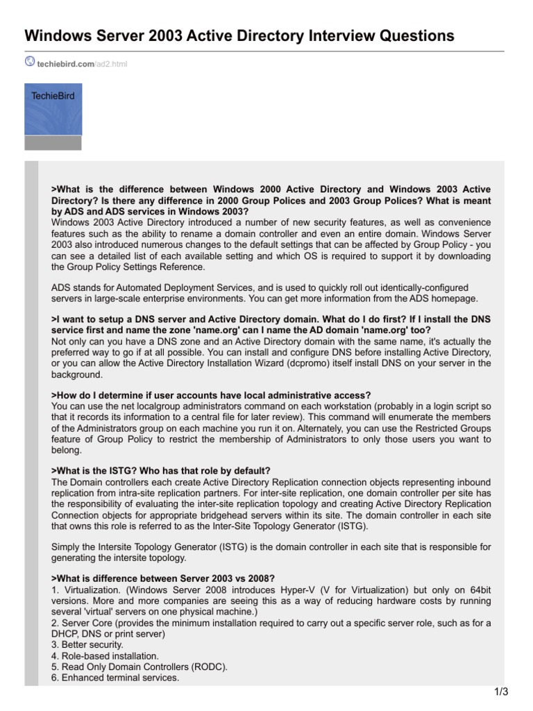 Windows Server 2003 Active Directory Interview Questions | PDF | Active Directory | Group Policy