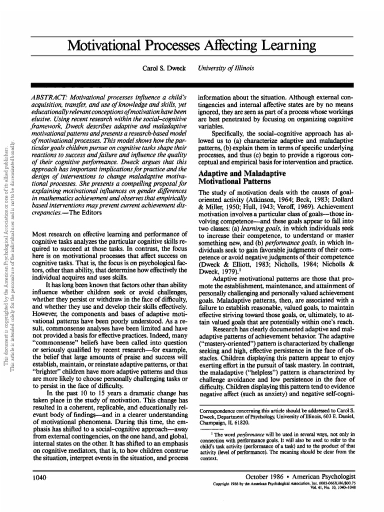 EDFD 582 - Dweck 1986 Motivational Processes Affecting Learning - GOALS ...