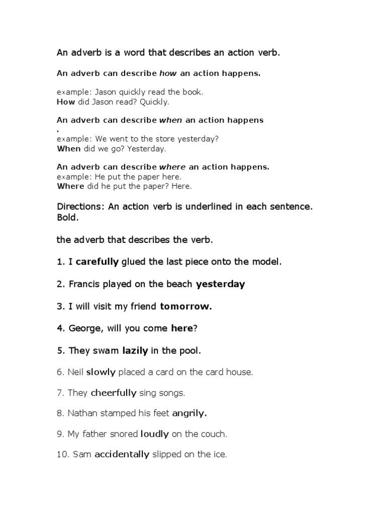 An Adverb Is A Word That Describes An Action Verb | PDF