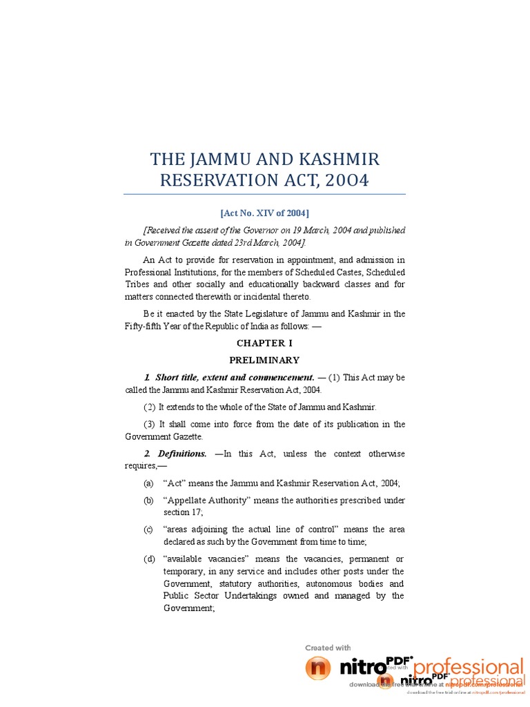 J&K Reservation Act 2004 Overview | PDF | Social Institutions | Social ...