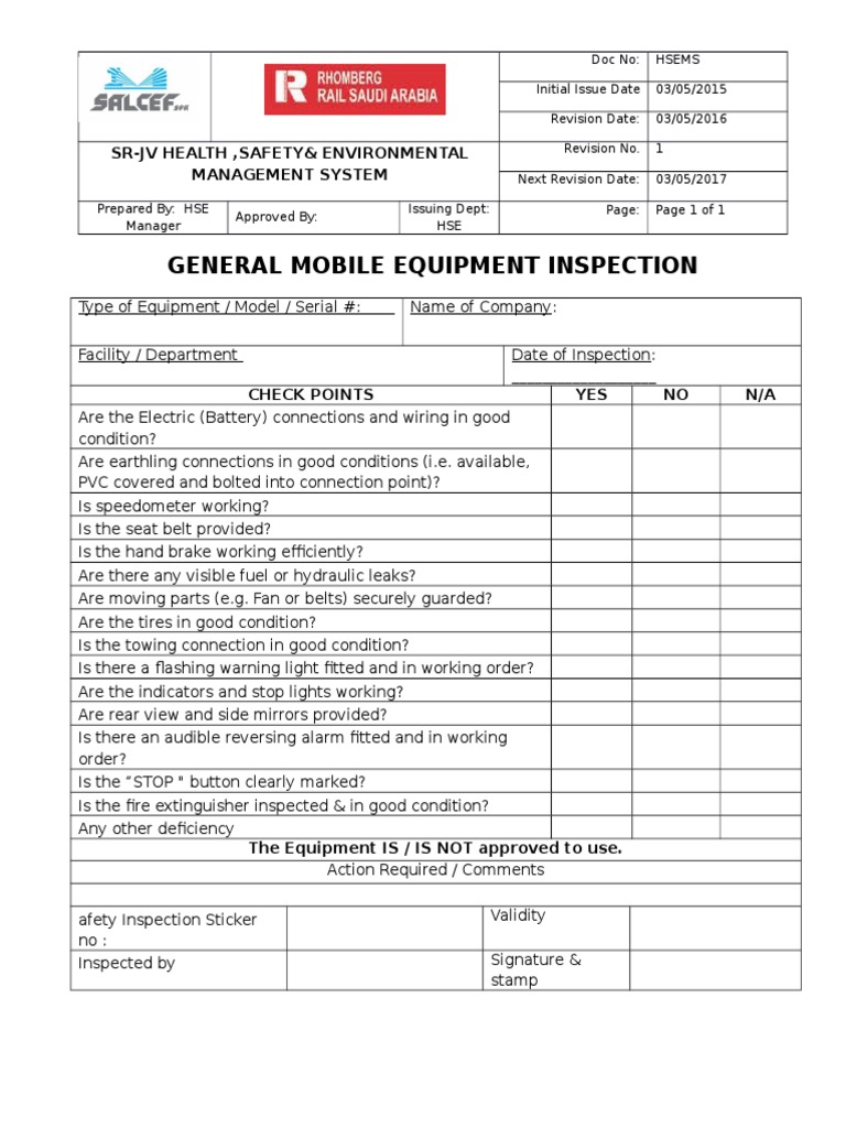General Mobile Equipment Inspection: SR-JV Health, Safety ...