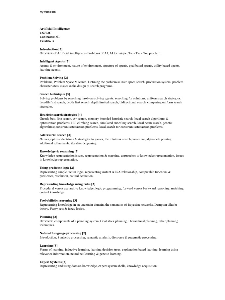 Artificial Intelligence Syllabus | PDF | Artificial Intelligence ...