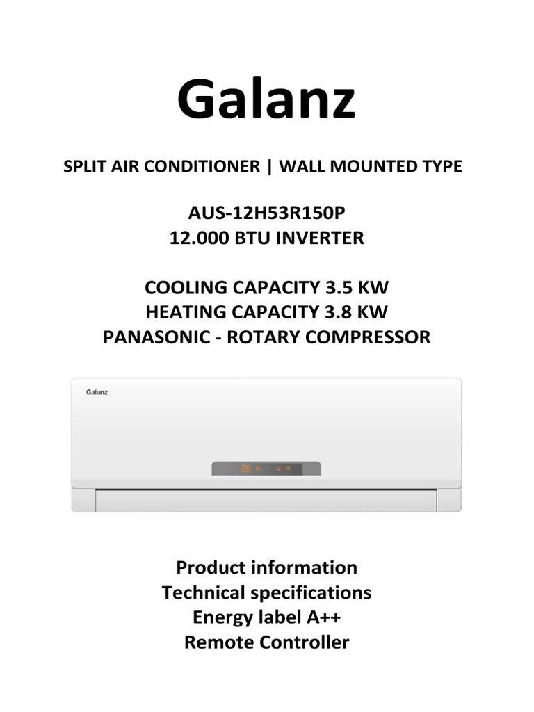 Galanz: AUS-12H53R150P 12.000 Btu Inverter Cooling Capacity 3.5 KW ...