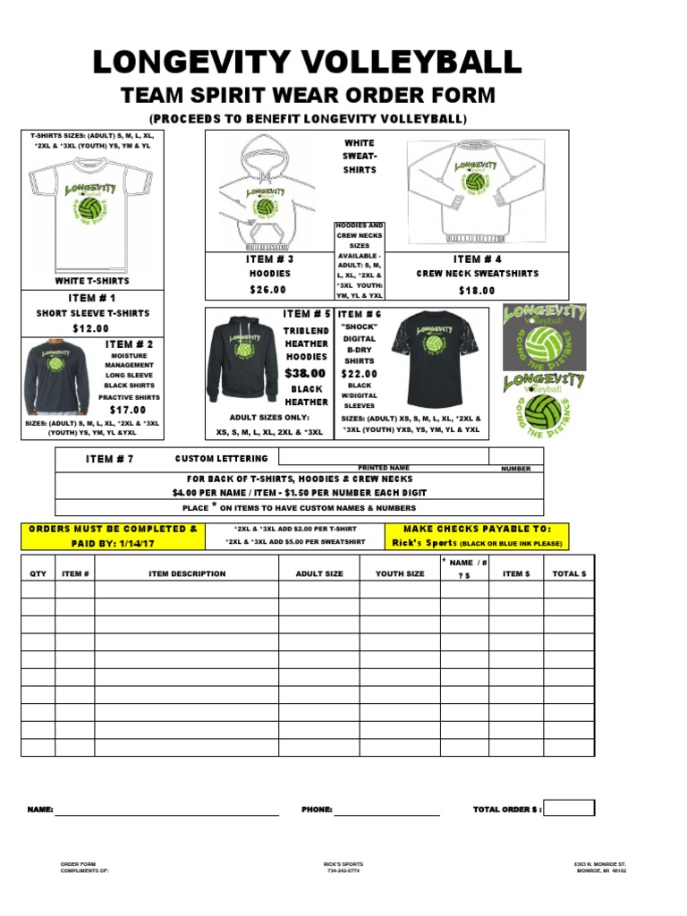 Longevity 2017 Spirit Wear Order Form | PDF | T Shirt | Clothing