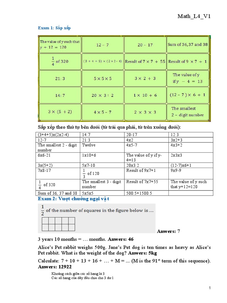 Math - L4 - V1: Exam 1: Sắp Xếp | PDF | Arithmetic | Numbers