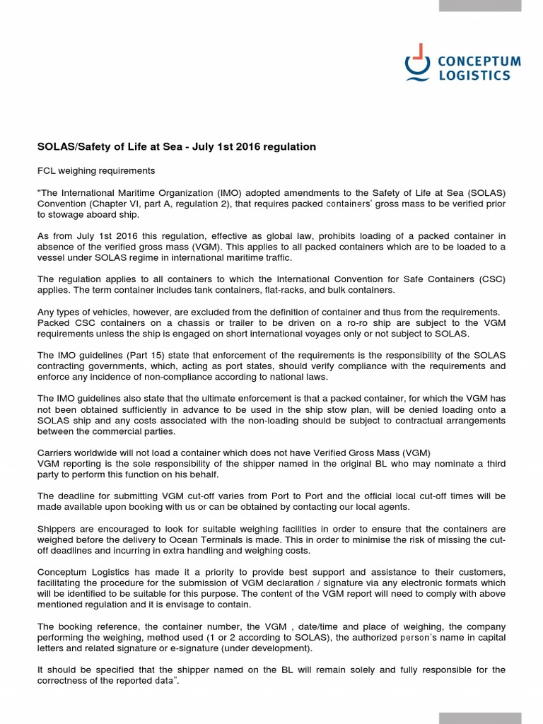 SOLAS Regulation July 1st 2016 | PDF | Industries | Transport