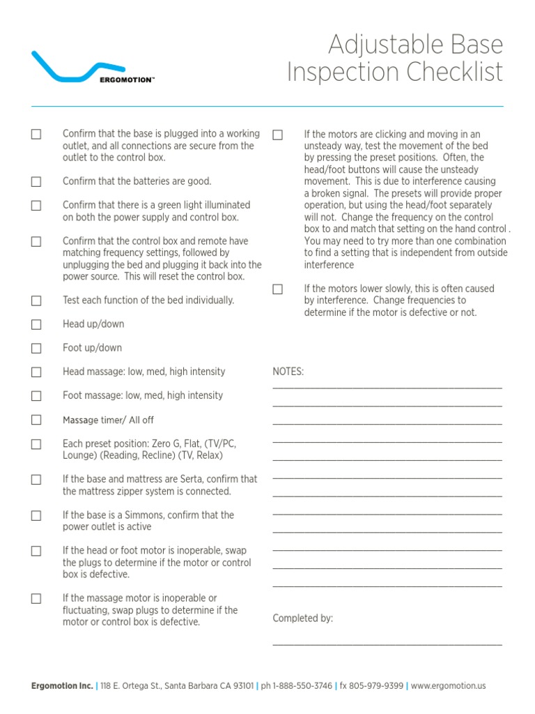 Adjustable Base Inspection Checklist | PDF