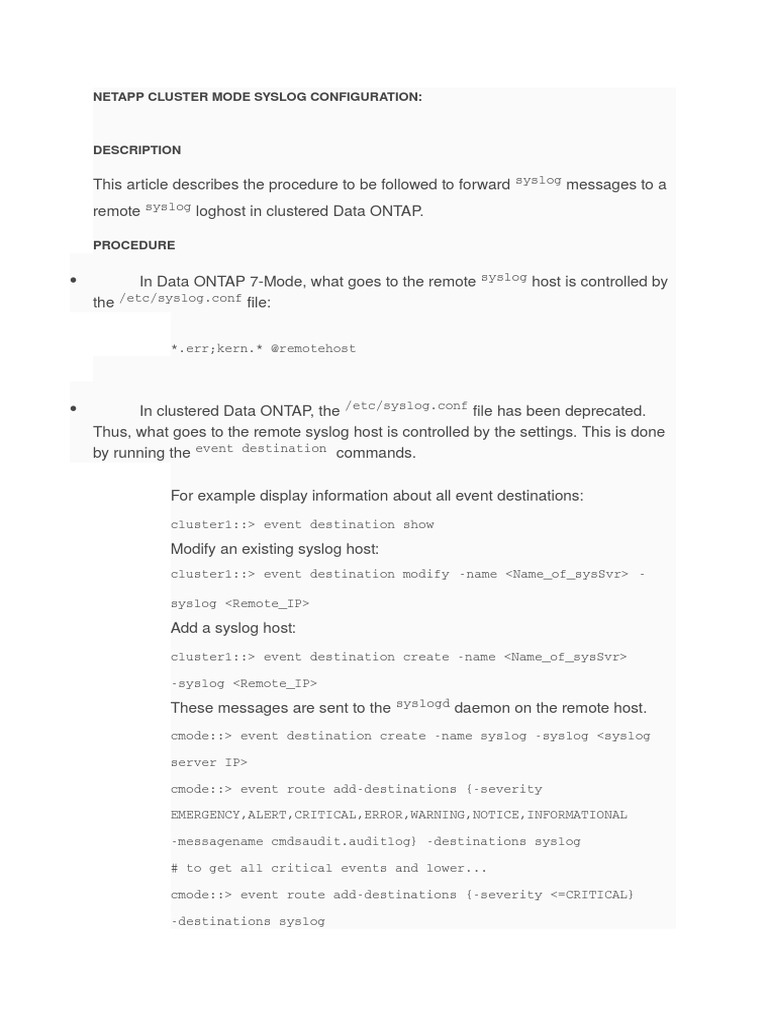 Netapp Cluster Mode Syslog Configuration | PDF