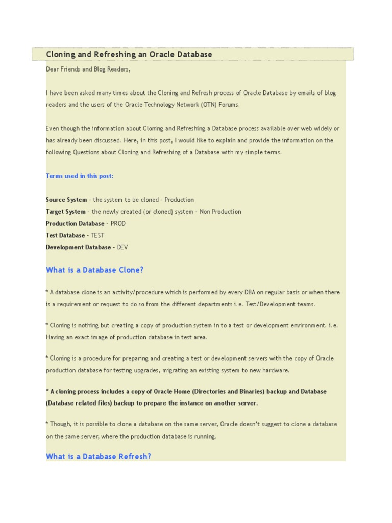 Cloning and Refreshing An Oracle Database: What Is A Database Clone? | PDF | Oracle Database ...