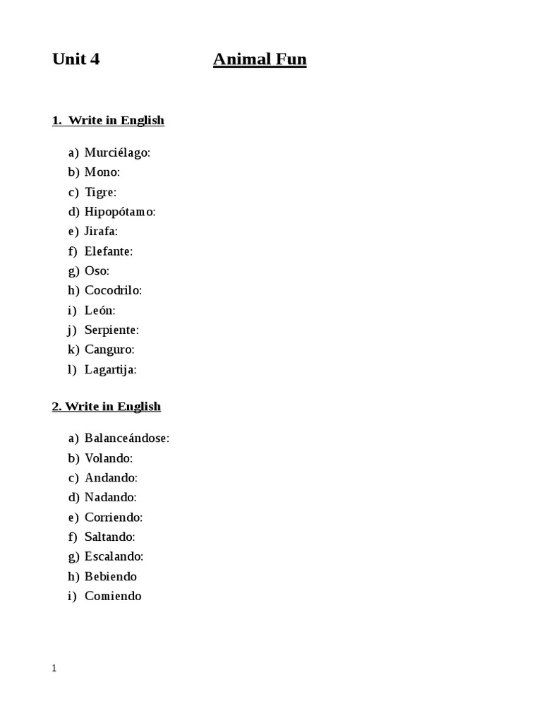 Unit 4 Animal Fun: 1. Write in English | PDF