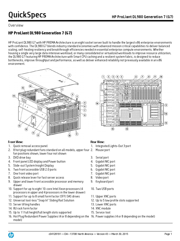 Quickspecs: HP Proliant Dl980 Generation 7 (G7) | PDF | Computer ...