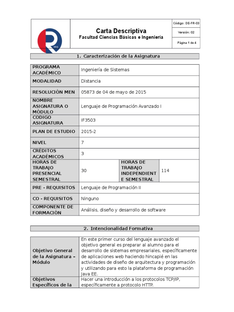 Carta Descriptiva Lenguaje de Programacion Avanzado 1 | PDF | Páginas del servidor Java | Modelo ...