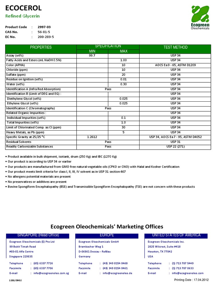 Glycerine Ecogreen Spec | PDF
