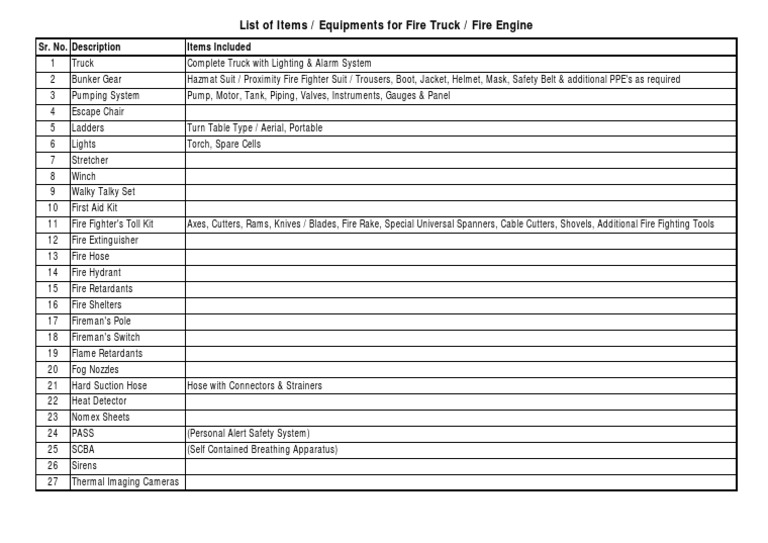 List of Items / Equipments For Fire Truck / Fire Engine: Sr. No ...