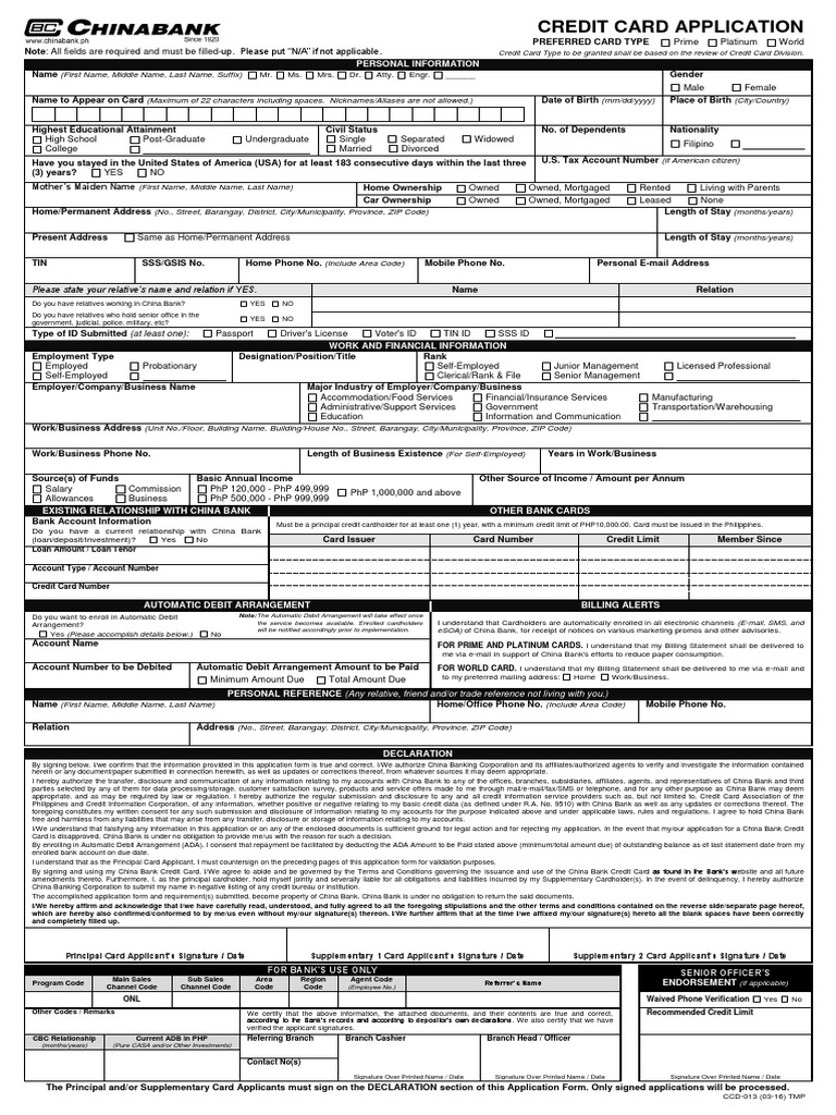 China Bank Credit Card Application Form | PDF | Debits And Credits | Life Insurance