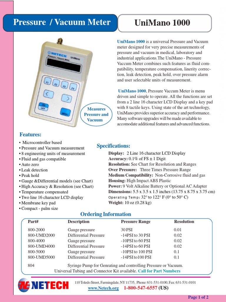 UniMano 1000: Precision Pressure Meter | PDF | Pressure Measurement ...