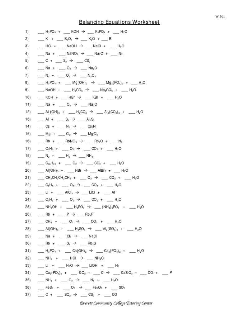w301 Balancing Equations Worksheet | PDF