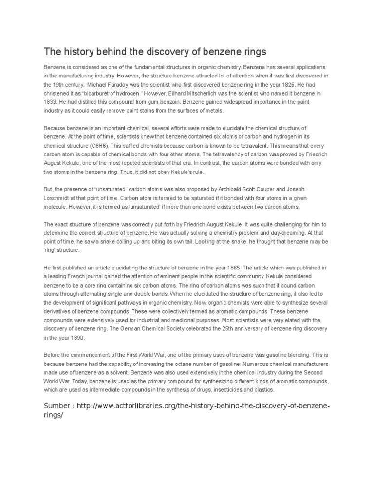 The History Behind The Discovery of Benzene Rings | PDF | Benzene ...