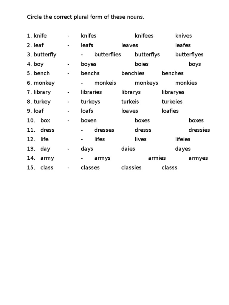 Circle The Correct Plural Form of These Nouns | PDF
