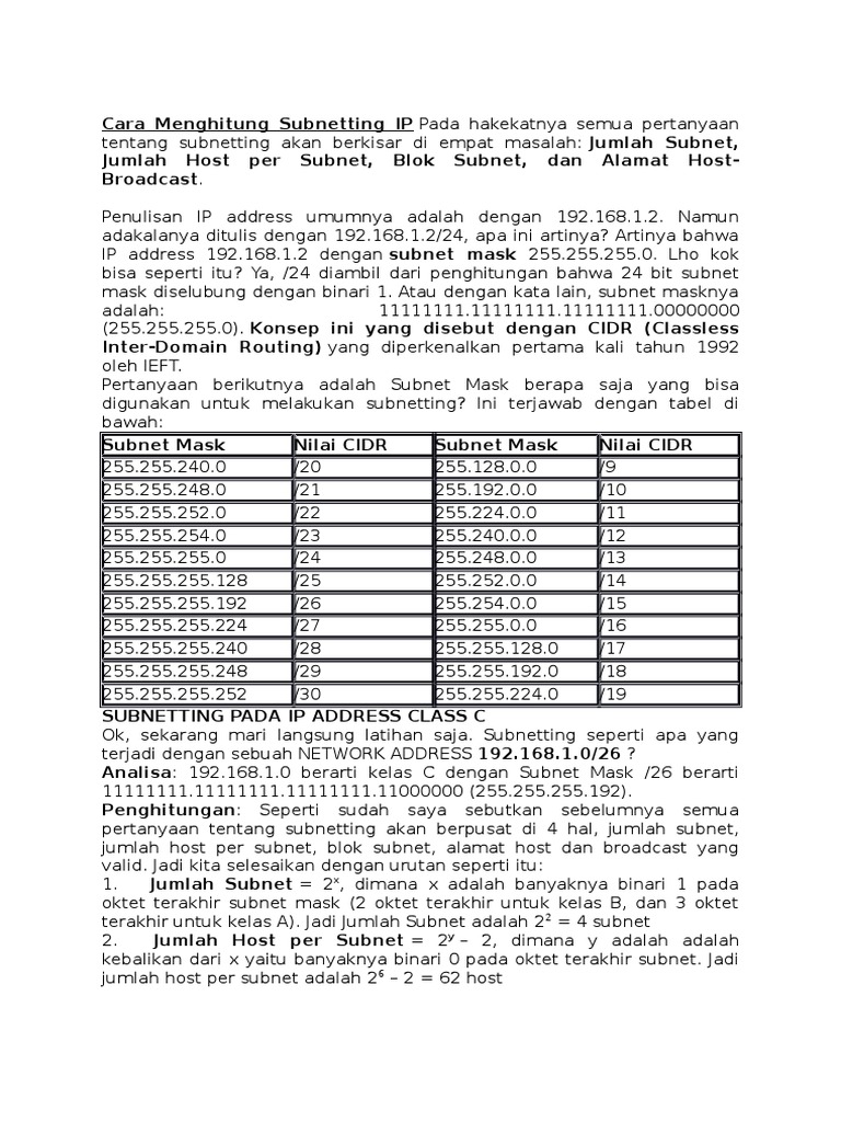 Cara Menghitung Subnetting IP | PDF