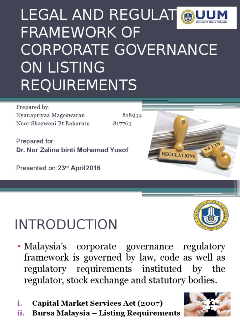 Legal and Regulatory Framework of Corporate Governance - Listing ...