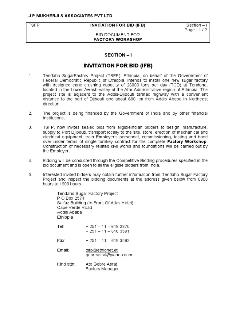 Invitation For Bid (Ifb) : Section - I | PDF | Ethiopia | Business