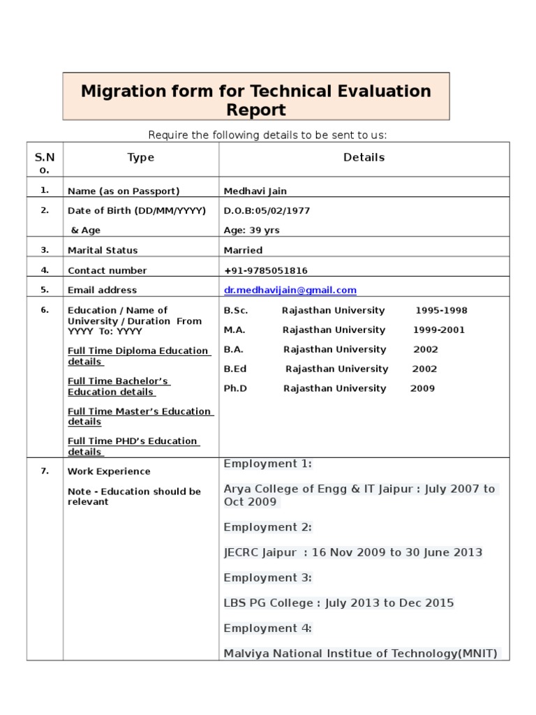 Technical Evaluation Migration Form | PDF