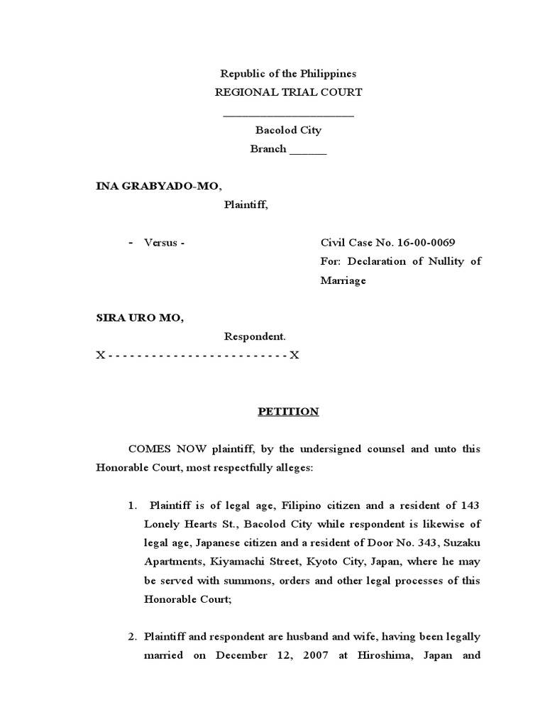 Petition for Nullity of Marriage | PDF