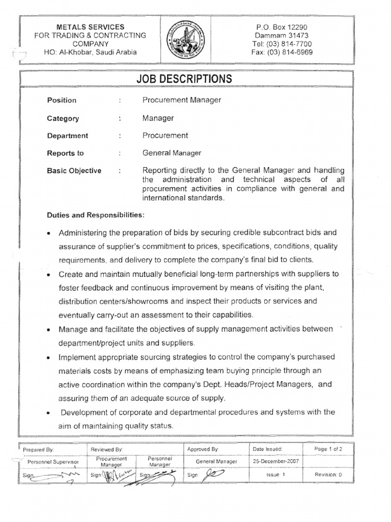 Procurement Job Description | Procurement | Specification (Technical ...